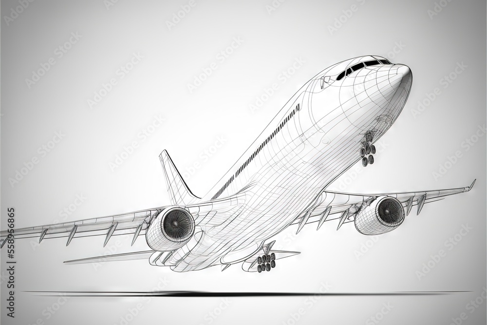 a drawing of a large passenger jet flying in the sky with a landing ...