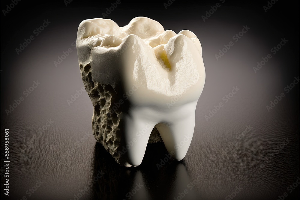 a tooth model with a toothpaste on top of it on a table with a black ...