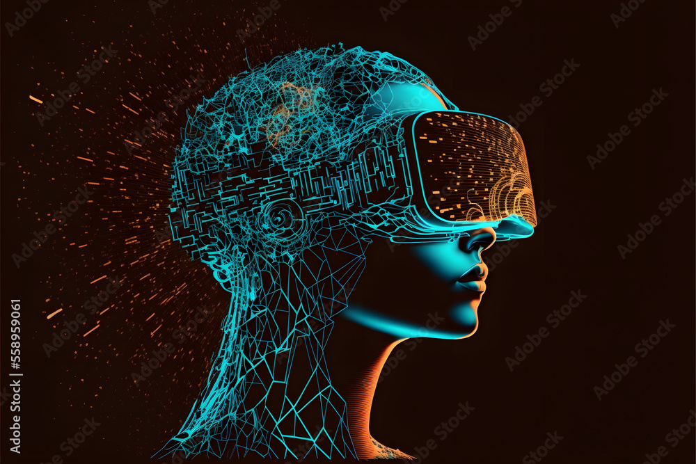 Metaverse concept, virtual world, Silhouette of a human head in ...