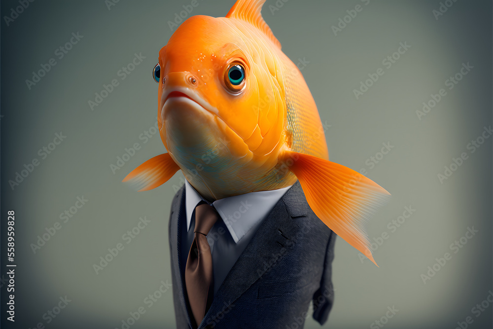 Portrait of orange goldfish in a business suit, simple dark black ...