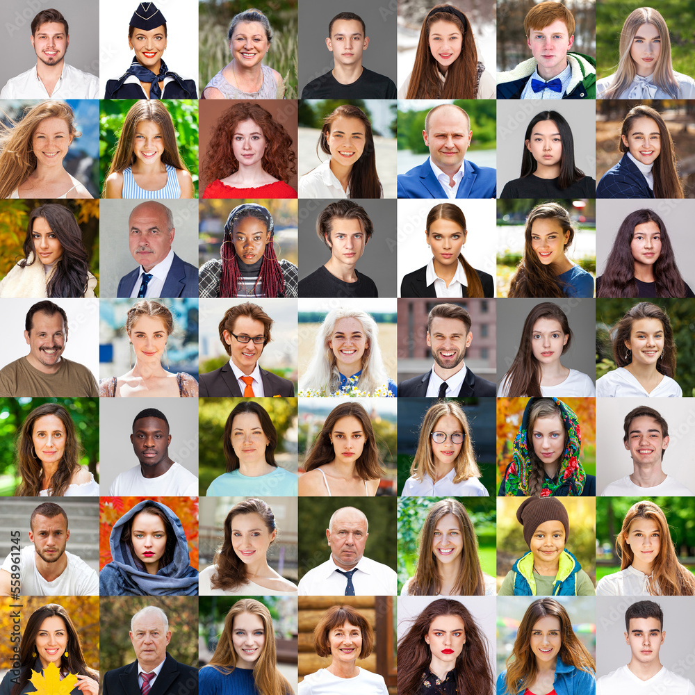 Collage of portraits of real people of different ages and genders Stock ...