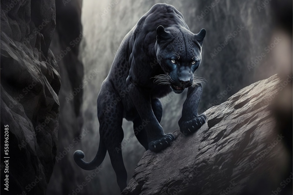a black panther climbing a rock in a cave with a light coming from ...