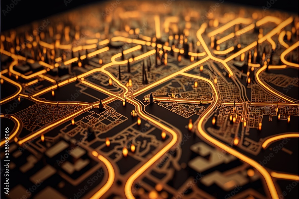 a close up of a city map with a yellow light on it's surface and a ...