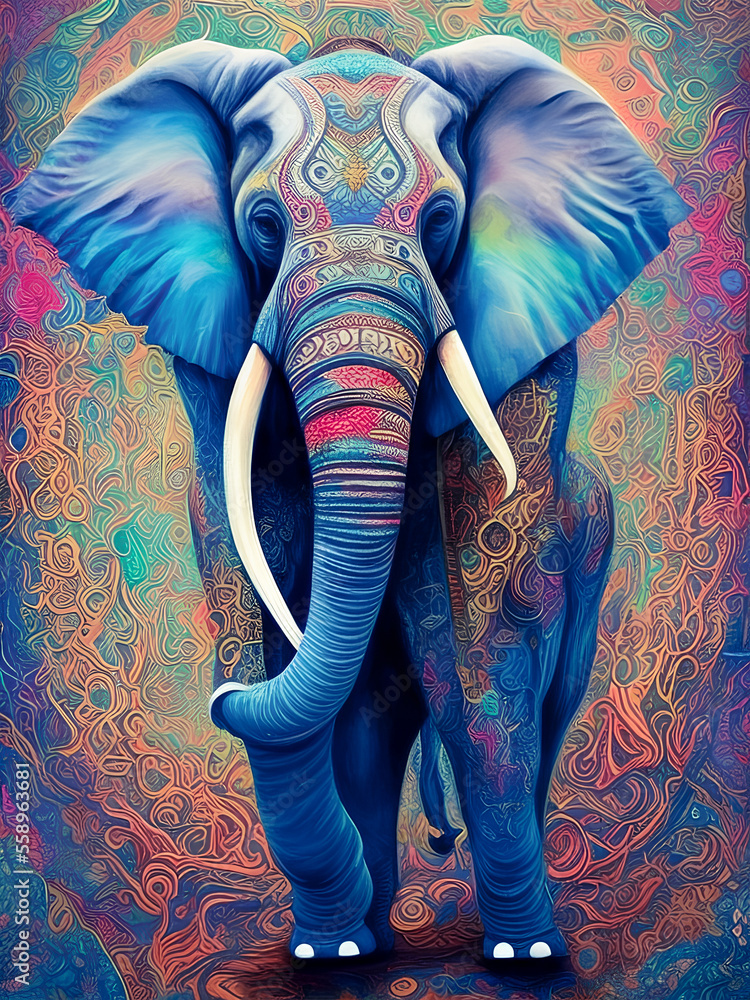 The majestic elephant is portrayed in a stylized, abstract manner ...