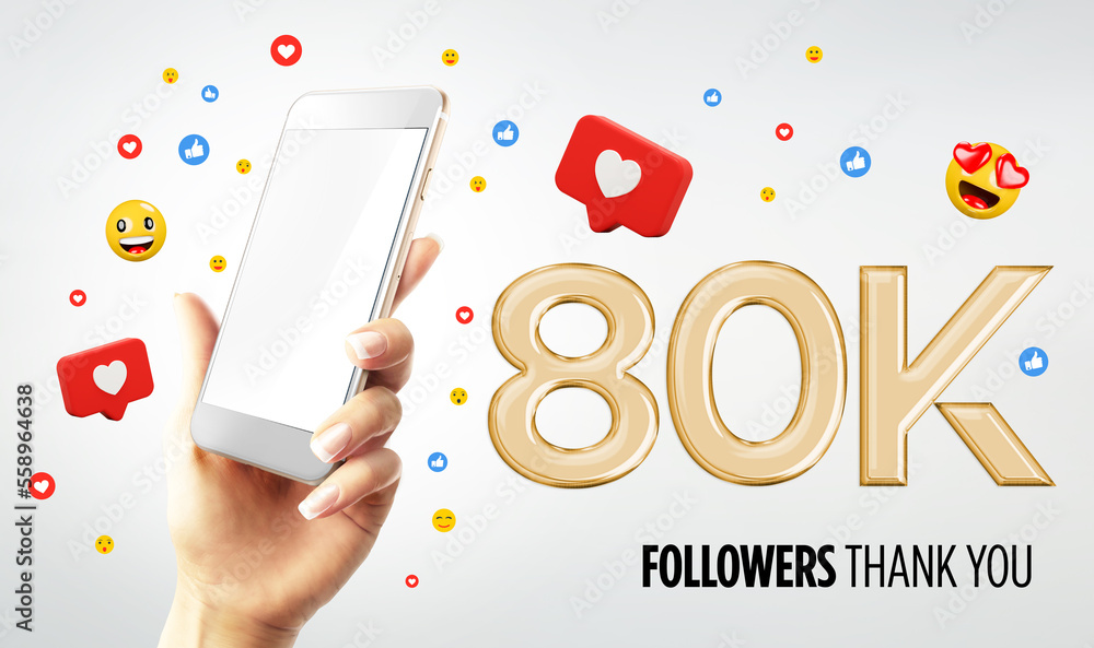 80k followers celebration. Hand holding mobile smartphone with blank ...