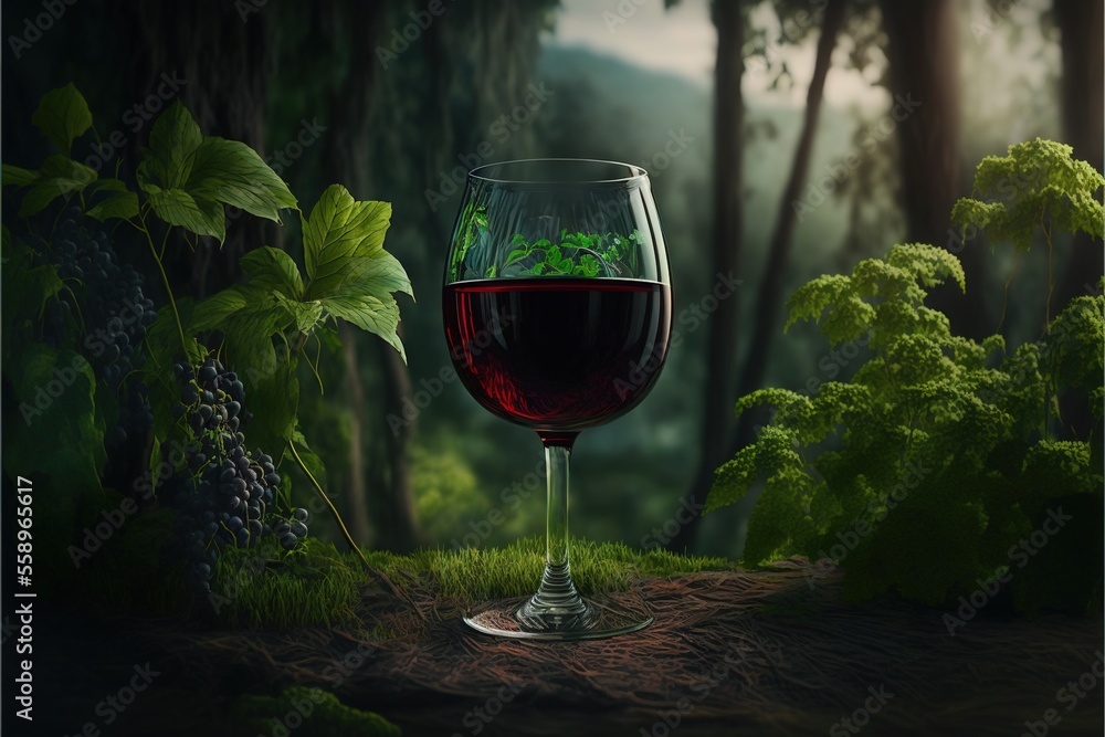 a glass of wine sitting on a table in the forest with a view of the ...