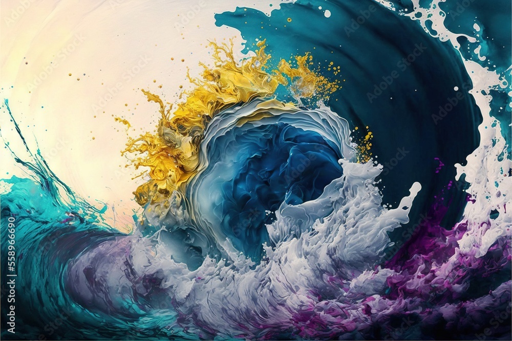 a painting of a wave with yellow and blue colors on it's side and a ...