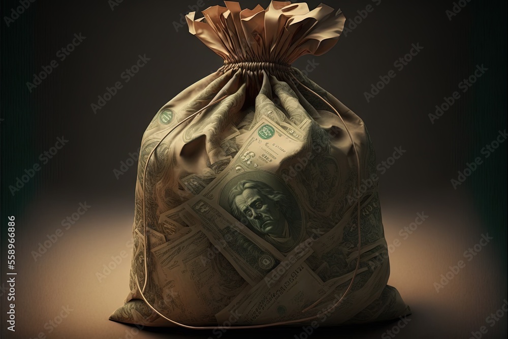 a bag of money with a brown ribbon on it and a picture of a man's face ...