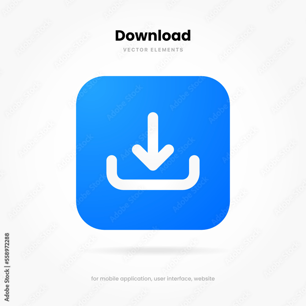 3D blue download button icon. Upload icon. Down arrow bottom side ...