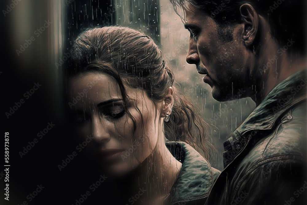 a sad woman and sad man, raindrops fall. Generative AI Stock ...