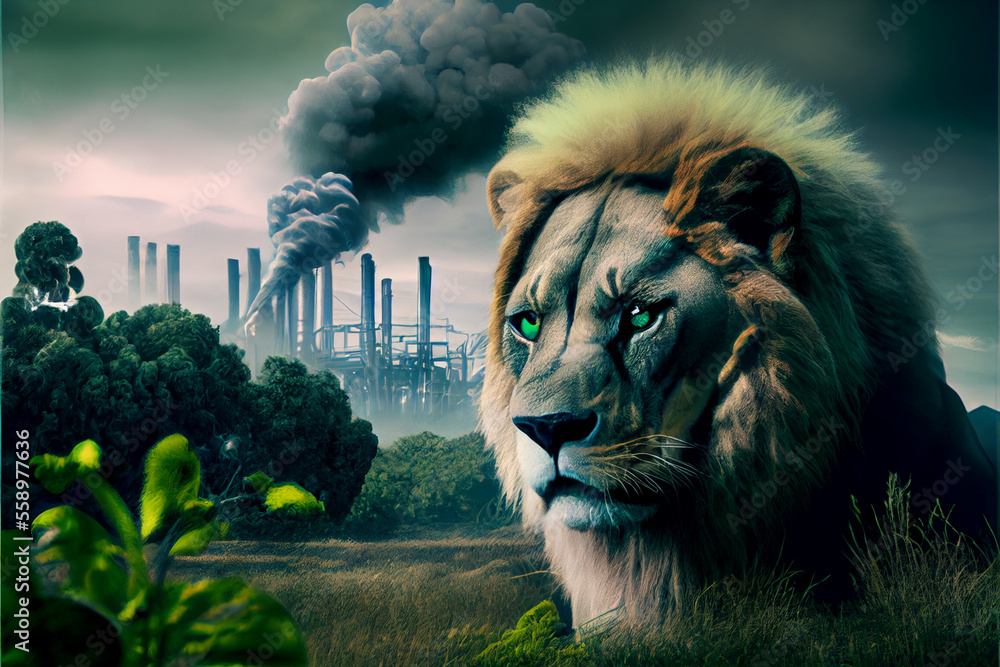 A very sad lion suffers from the spread of polluted air due to factory ...