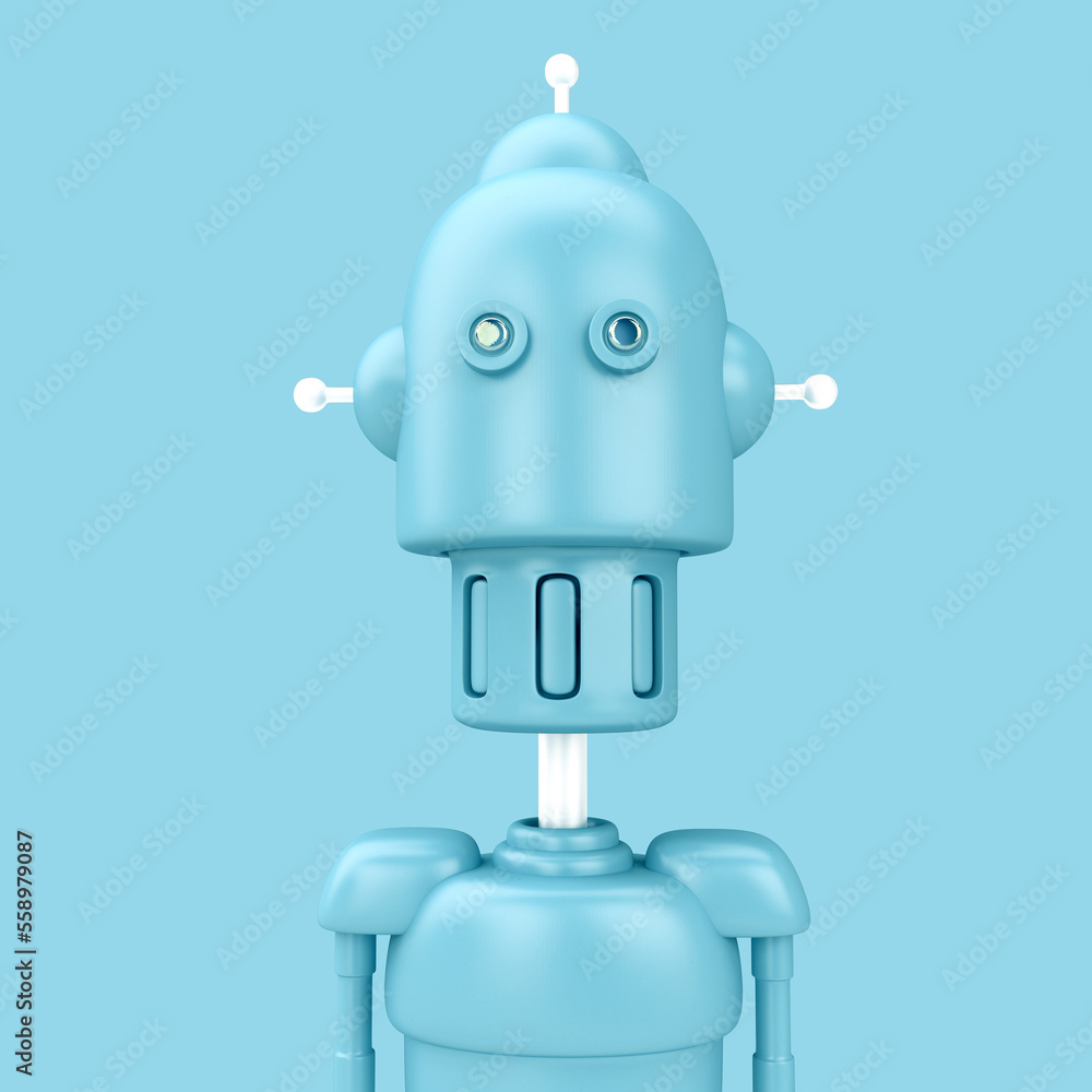 3d realistic blue vivid robot portrait in cartoon futuristic retro ...