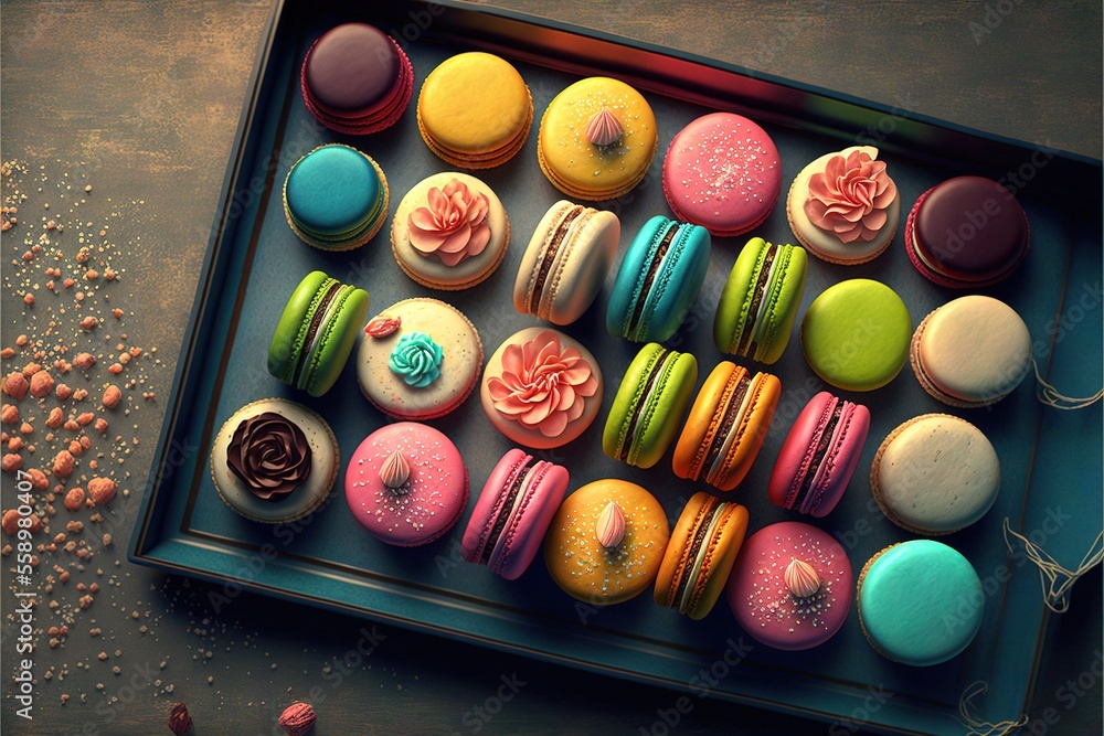 a box of colorful macaroons with sprinkles on a table top with a string ...