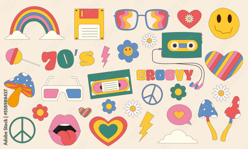 Big set of items 70s. Retro icons in trendy 70s style. Vector icons ...
