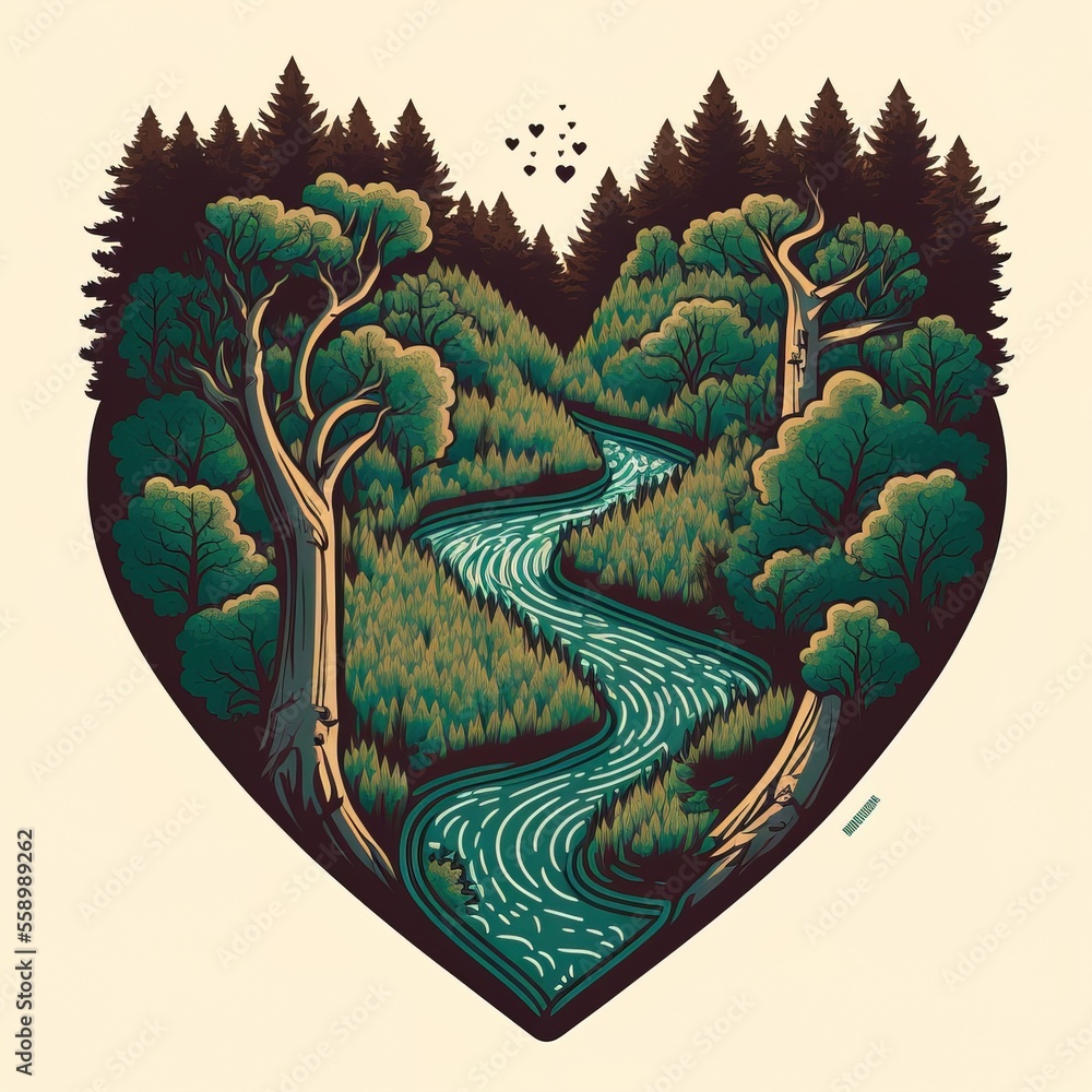 Heart shaped forest and river. For all the fan of nature, hinking and ...