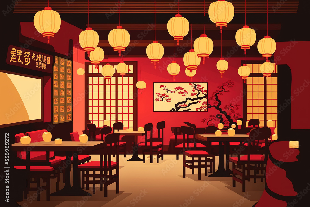 Interior of a Chinese restaurant, typical Asian style café with a bar ...