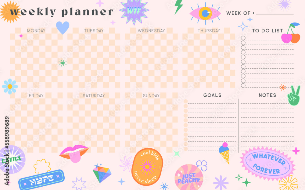 Vector weekly planner template with y2k patches,icons and emblems ...