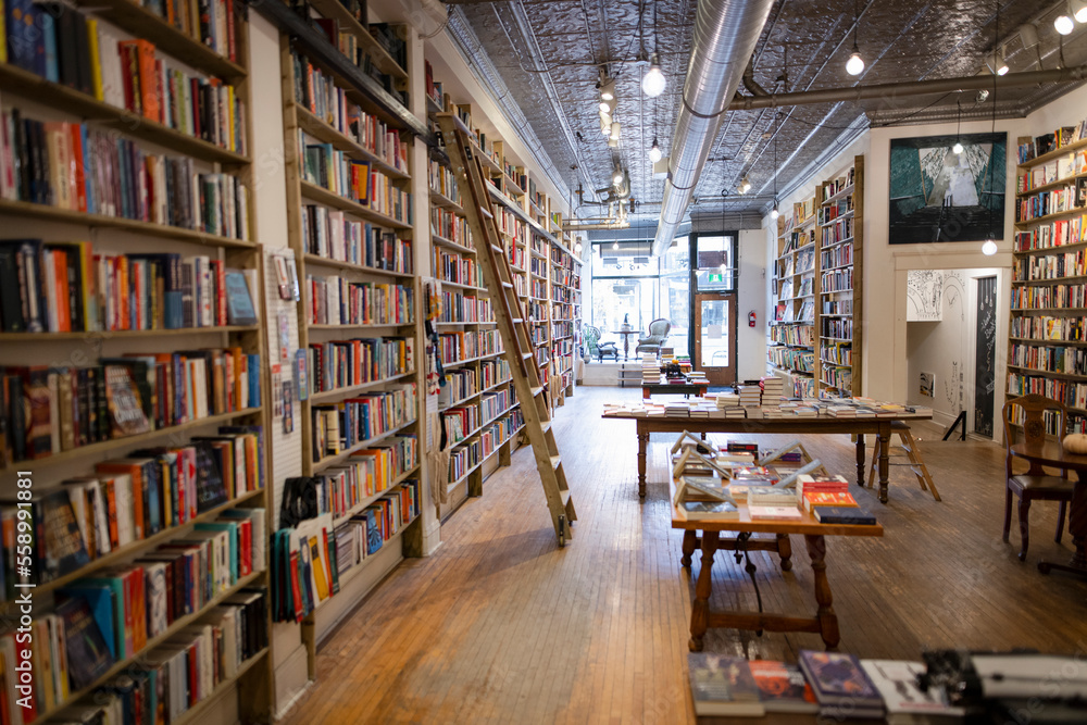 Ladder leaning on shelves with books in bookstore Stock Photo | Adobe Stock