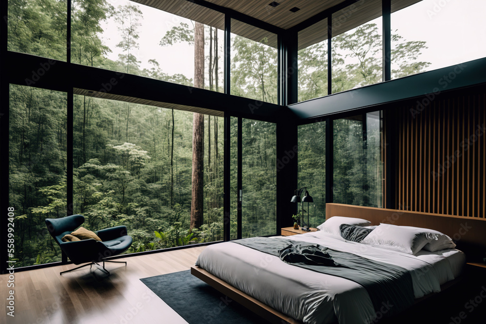 modern bedroom with views of the outdoors Image. There are sizable ...
