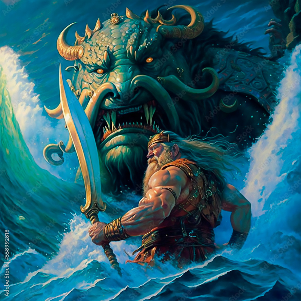 viking fighting a sea monster 2 Stock Illustration | Adobe Stock