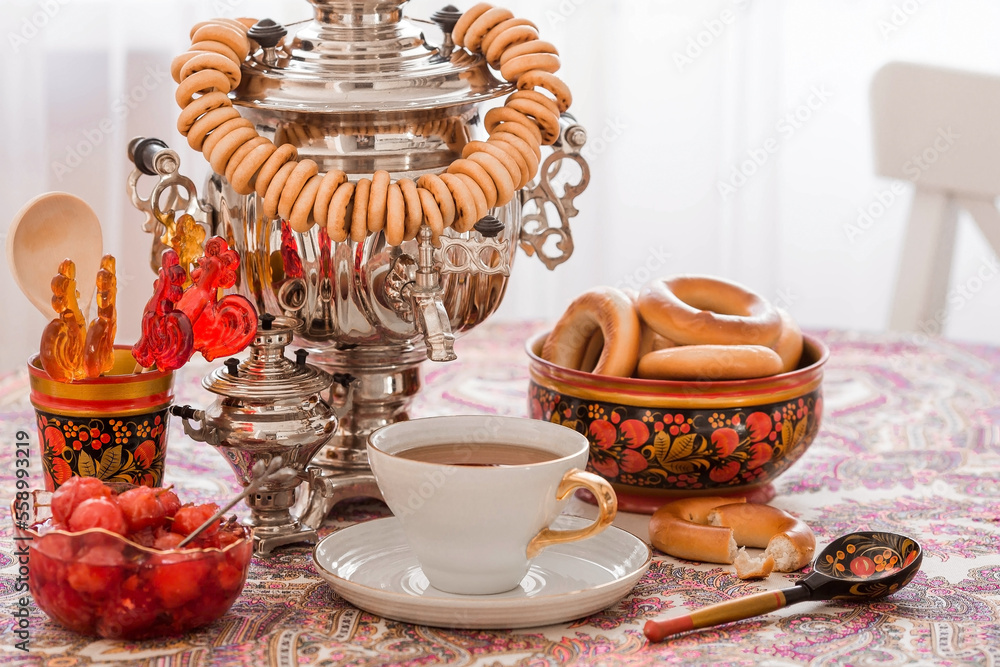Russian traditions. Tea drinking with a samovar. Still life with a cup ...