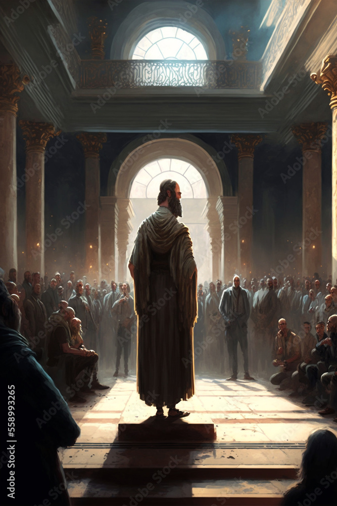 Prophet standing inside big room facing people siting around, in front ...