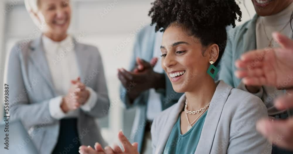 Applause, celebration and business woman with good news, achievement or ...