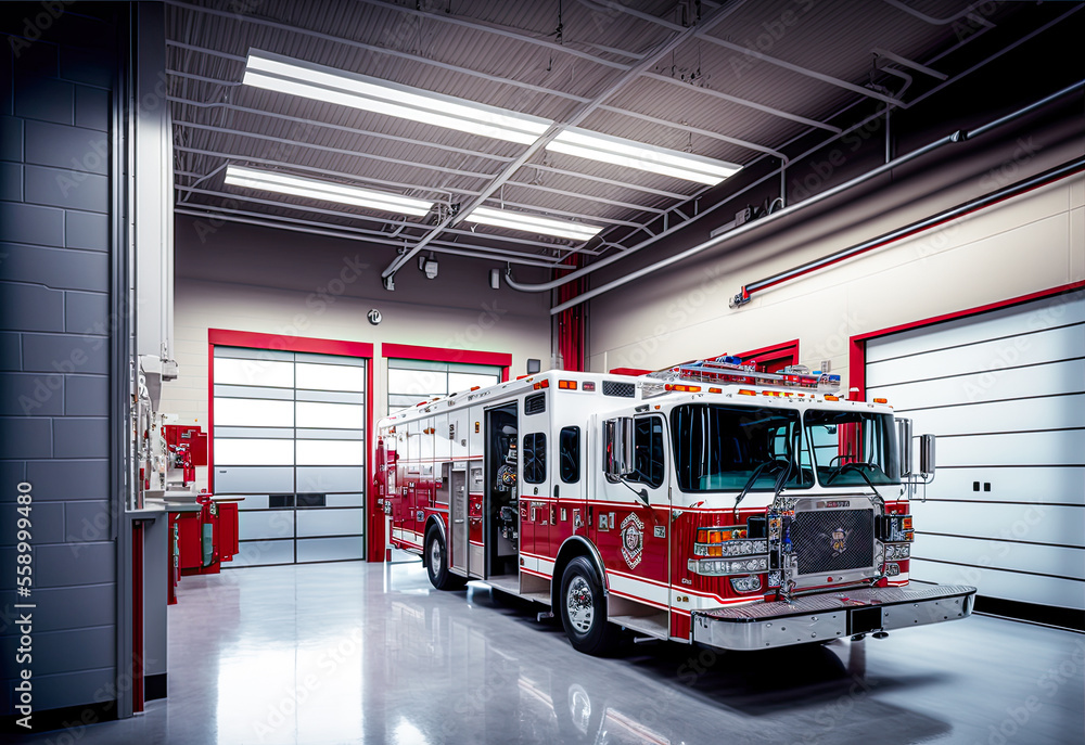 Fire department apparatus bay, garage, fire engine. Generative AI Stock ...