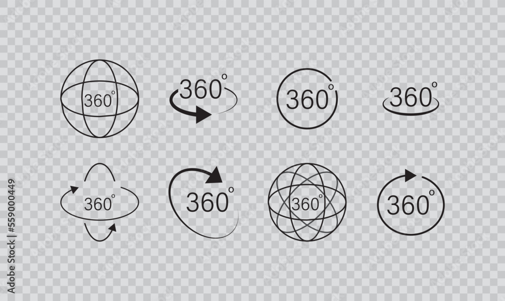 360 degrees vector icon set. Round signs with arrows rotation to 360 ...