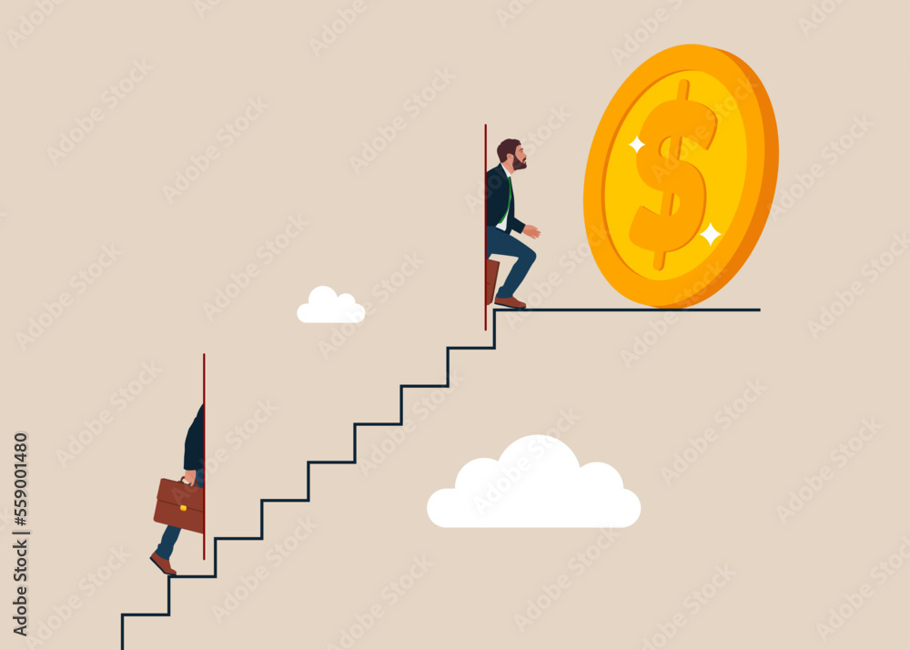 Poster Businessman climbing up stair with special shortcut to success ...