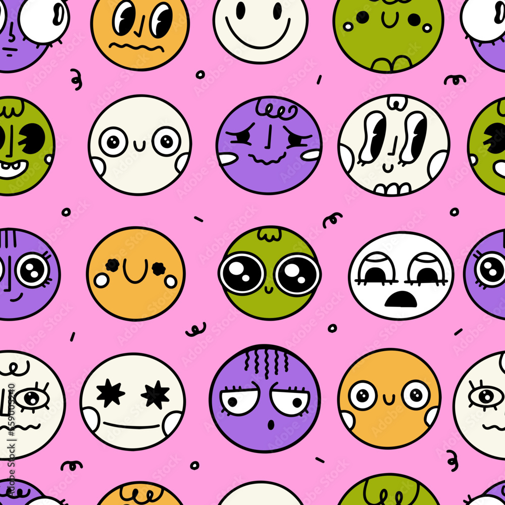 Round abstract linear comic Faces with various eyes,noses, mouth ...
