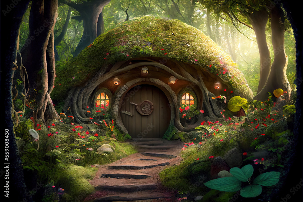 Wood house with overgrown roof in fantasy magical forest Stock ...