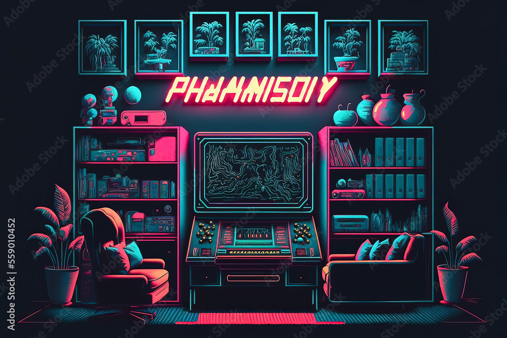 Awesome gaming setup from the 80-s. Retro gaming concept. Vintage retro ...