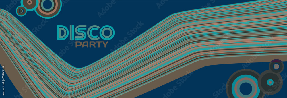 Disco Party flyer template with curved line and disks on dark blue ...