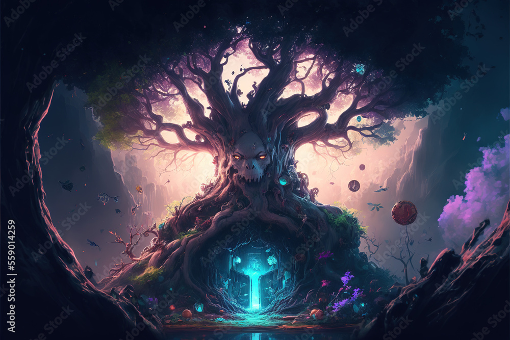 Tree of life Yggdrasil norse mythology, center of universe. Magical ...