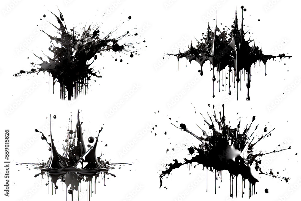 4 Ink paint splash brushes. Black inked splatter paint splattered spray ...