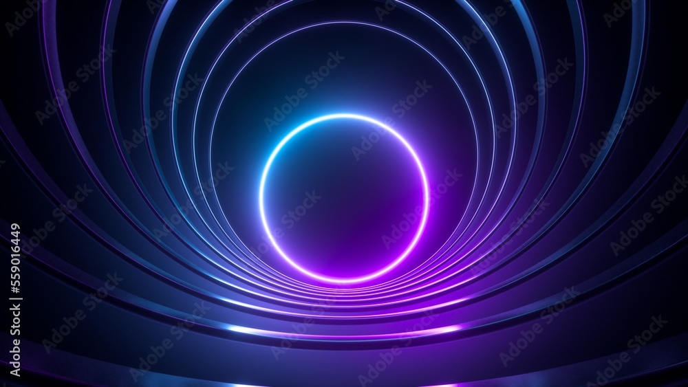 3d render, abstract geometric background with glowing neon round shape ...
