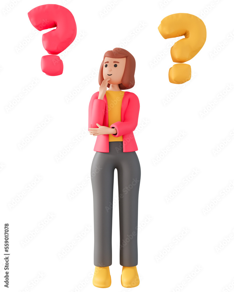 3D illustration of thinking young woman looking at question mark. Woman ...