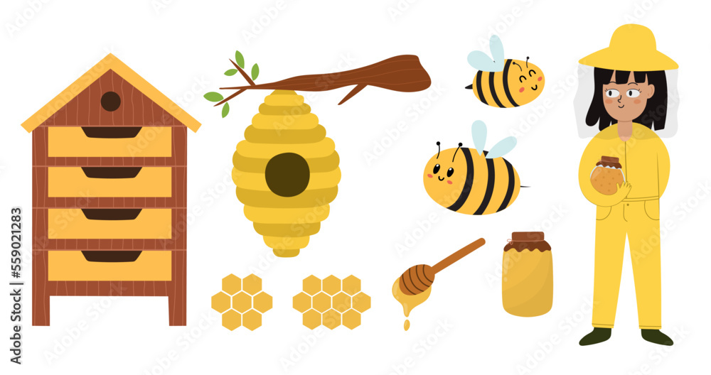 Bee and honey elements set. Beekeeper girl holding a jar with honey ...