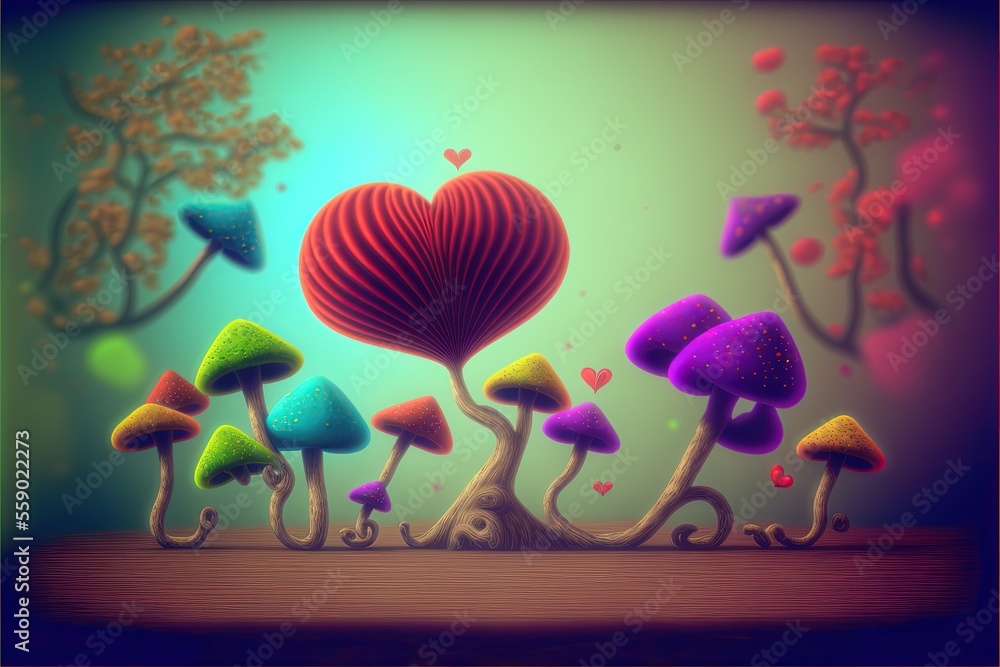 Abstract colorful heart tree and magic mushrooms background design for ...