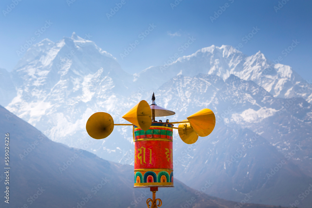 Prayer wheel at Pangboche Monastery, Pangboche, Khumbu Valley, Nepal ...