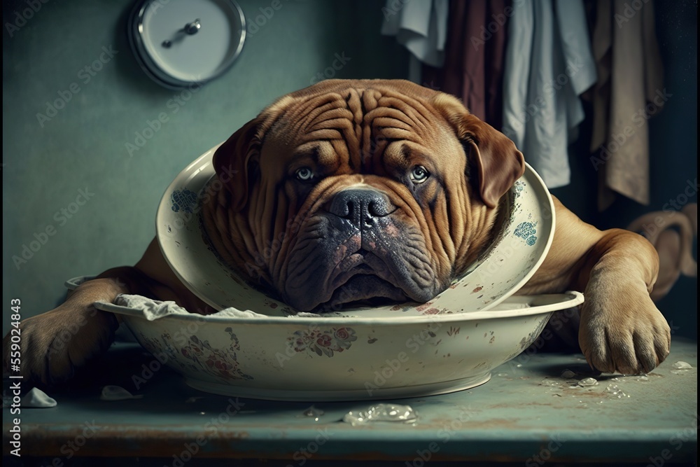 Overstuffed dog with a huge belly lies in the middle , created with ...