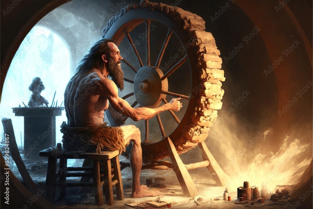 Prehistoric caveman scientist inventing a wheel, concept of trying to ...