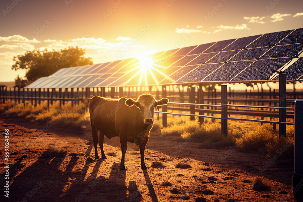 Solar panels in natural environment, farm animals. Photovoltaic farm ...