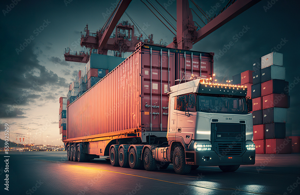 cargo truck with container in harbor. shipping and transportation ...