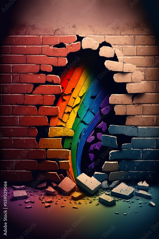 Crumbling Brick Wall with rainbow Brick Wall behind, LGBT, Concept of ...