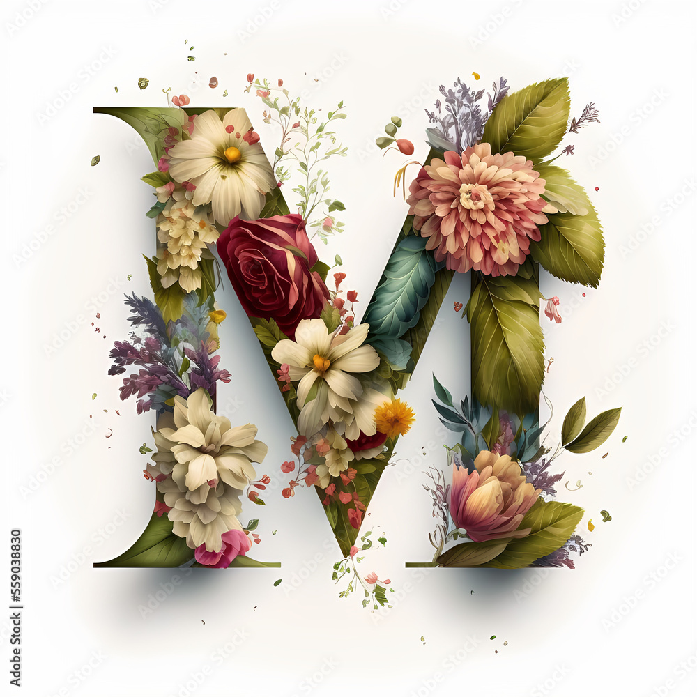 Floral letter M font, Generative AI Stock Illustration | Adobe Stock