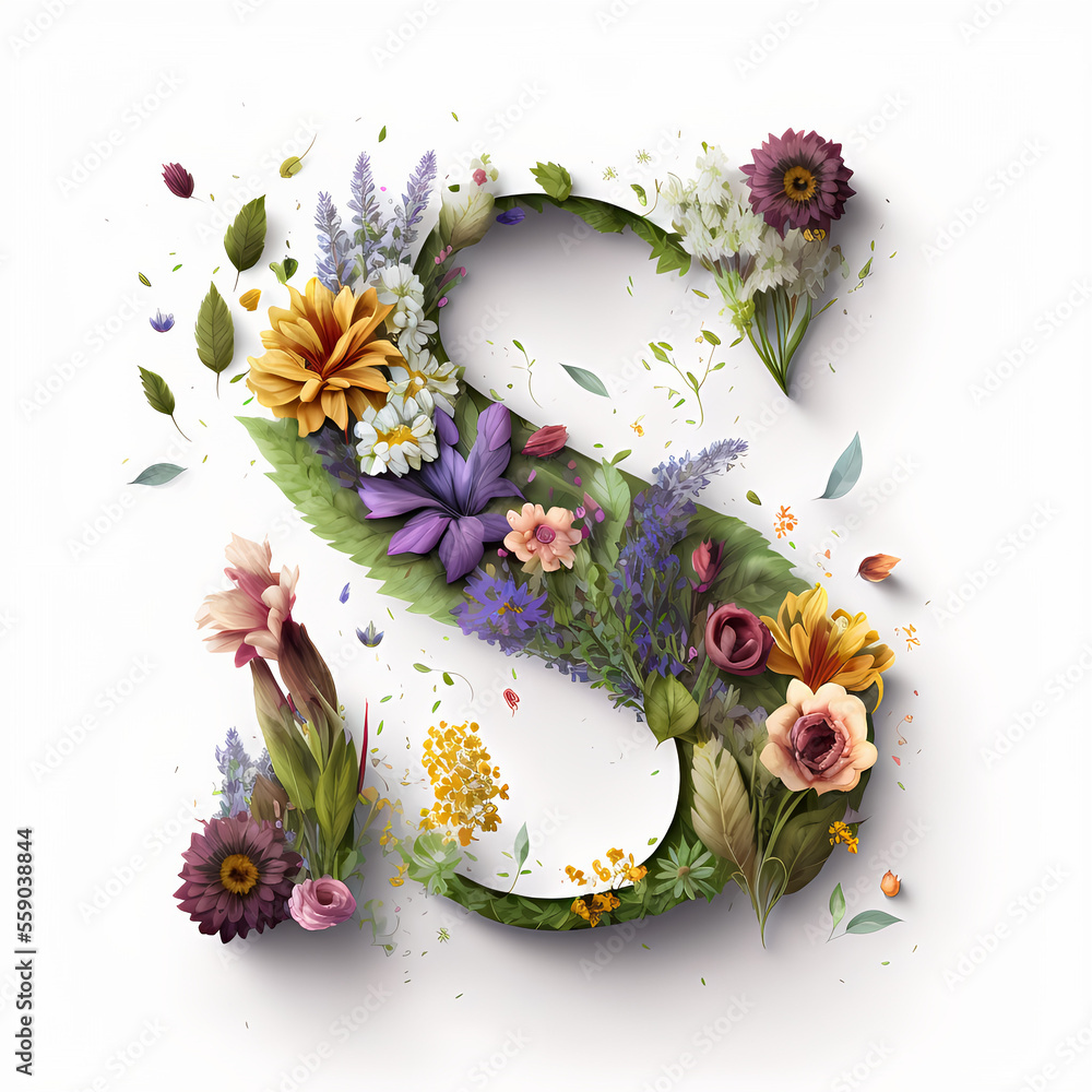 Floral letter S font, Generative AI Stock Illustration | Adobe Stock