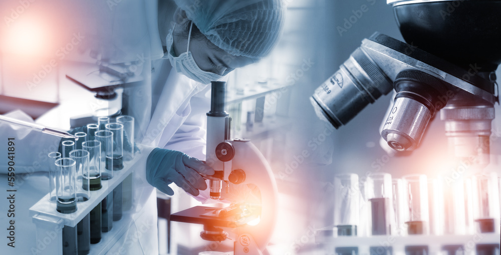 Double exposure microscope Young woman scientific using equipment in ...