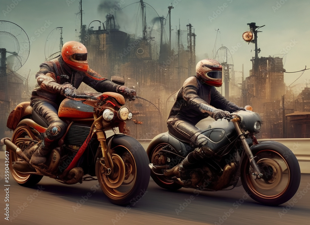 Generative AI illustration of two motorcyclists on motorcycles wearing ...